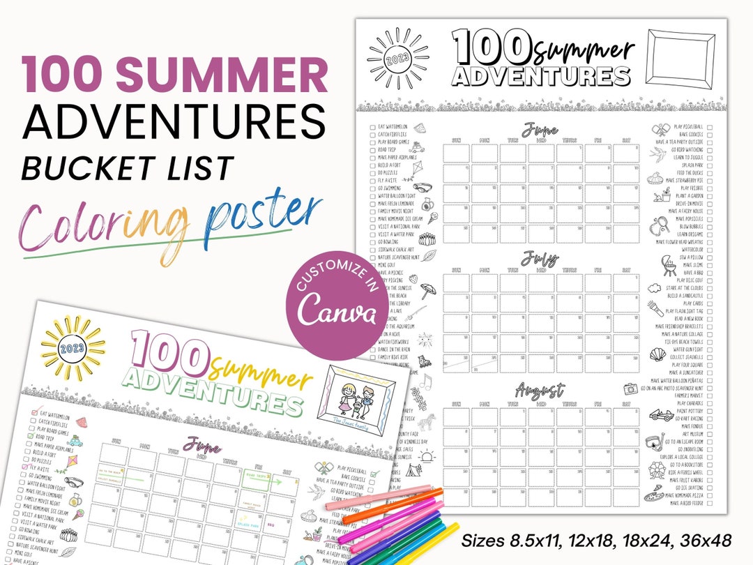 Summer Bucket List Calendar, Editable Poster, 100 Summer Adventures ...
