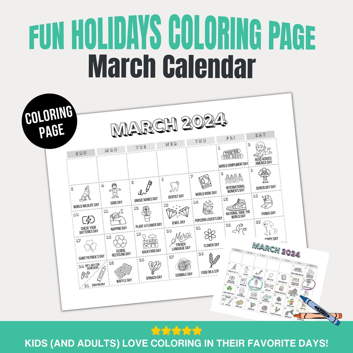 Printable March 2024 Holiday Calendar, Fun National Holidays, PDF ...
