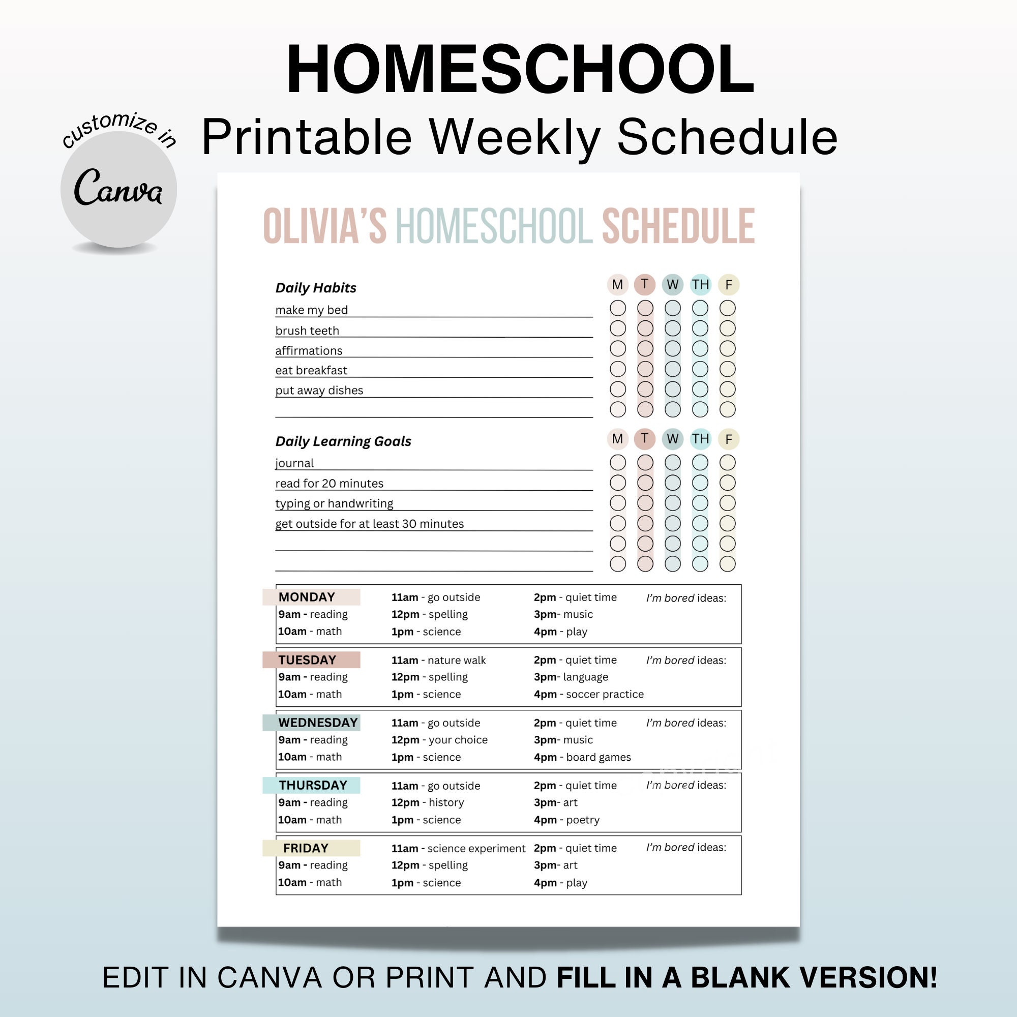 Homeschool Daily Schedule Printable Checklist Template - Editable Kids ...