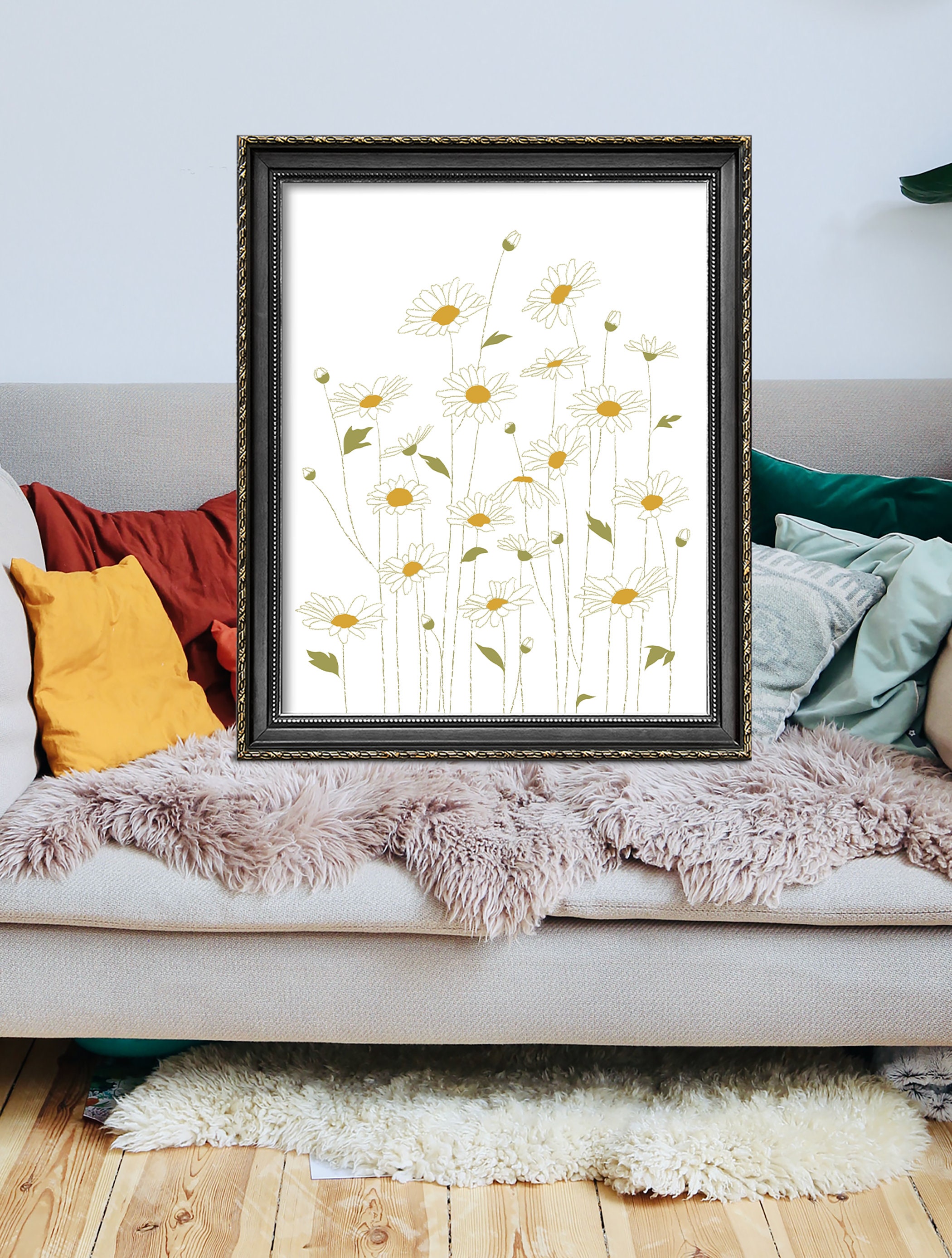 Boho Daisies Print Line Art Drawing Floral Printable | Etsy