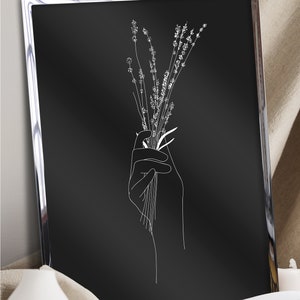 Fine Line Lavender Print, Minimalist Plant Print, Hand Holding Flower ...