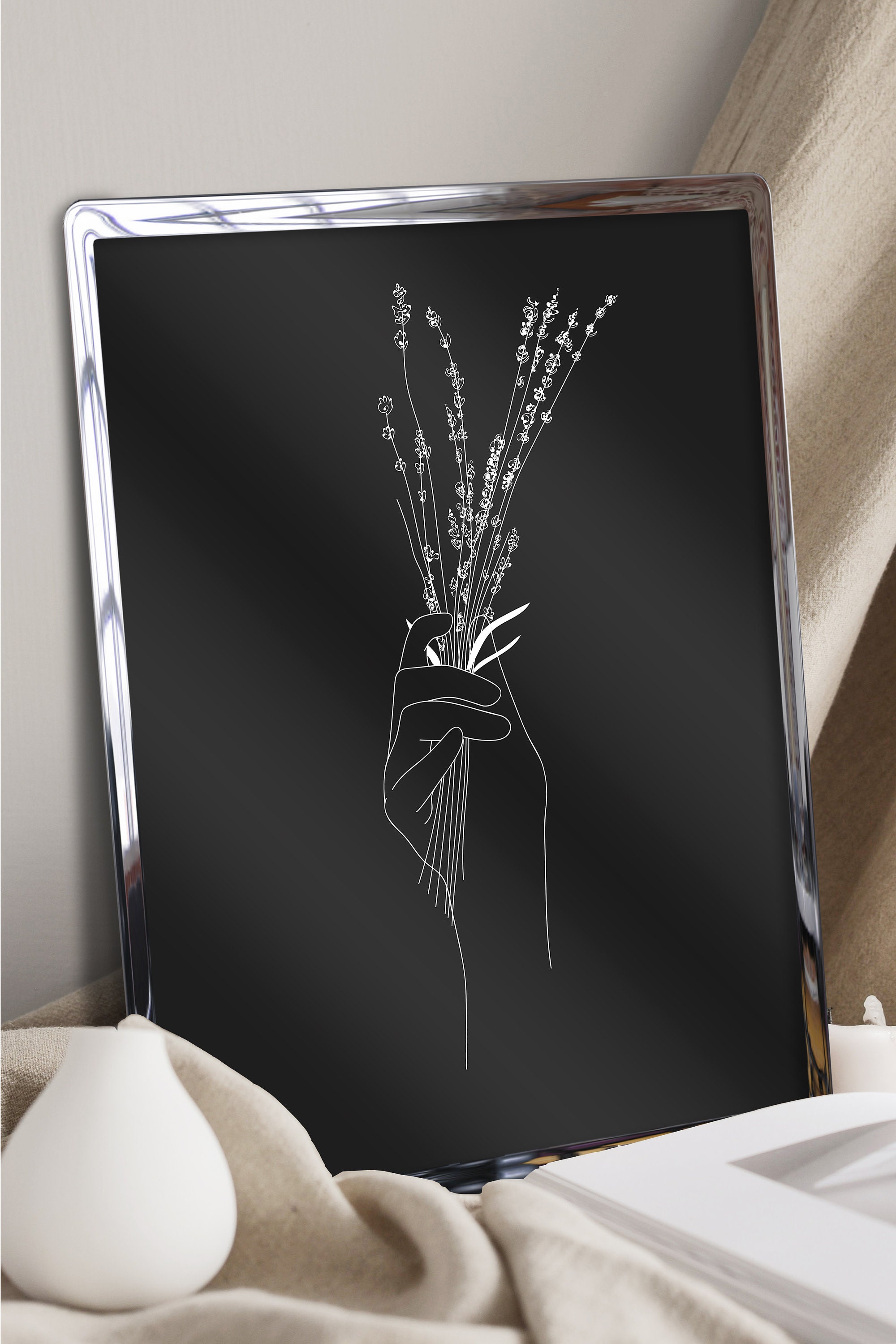 Fine Line Lavender Print, Minimalist Plant Print, Hand Holding Flower ...