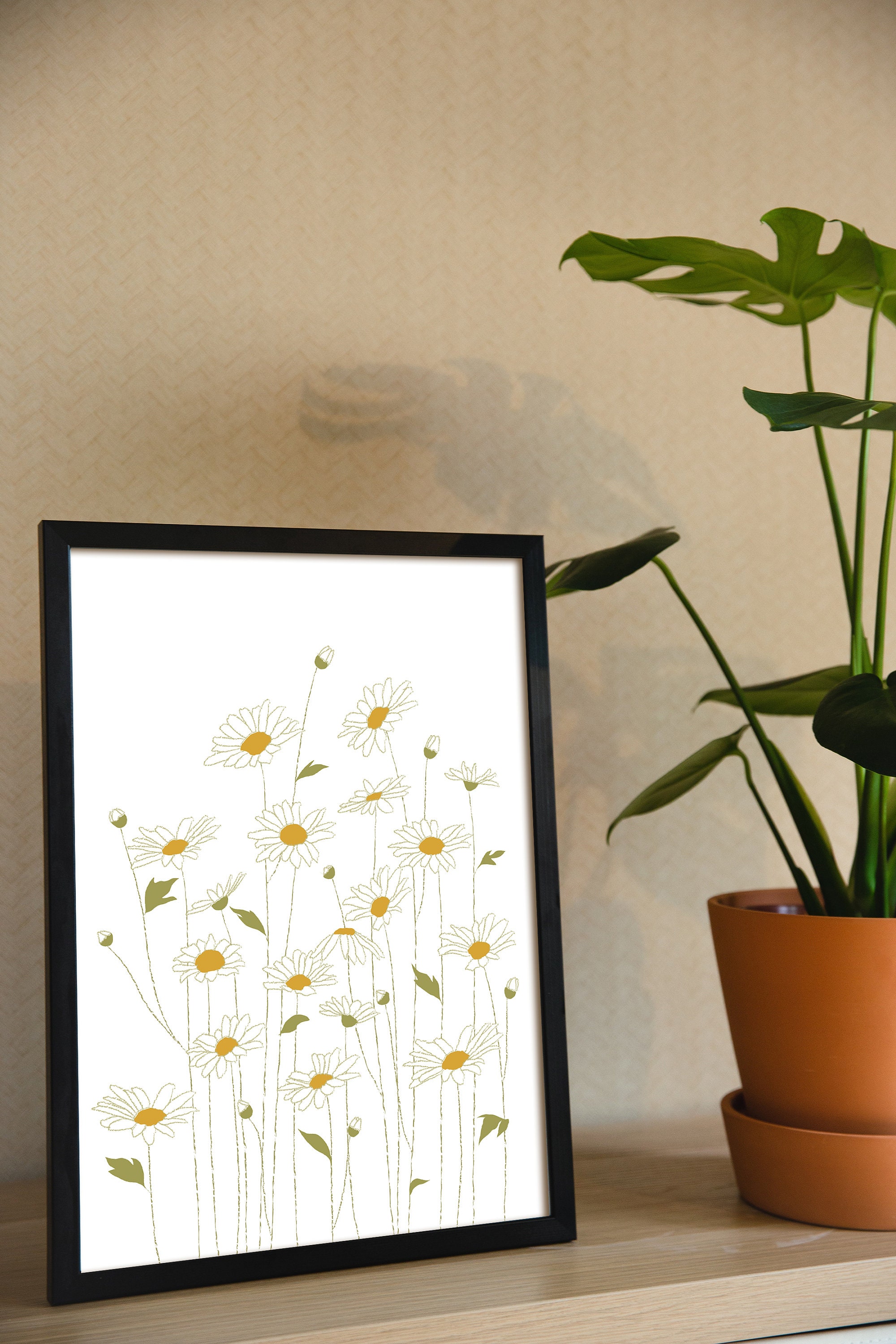 Boho Daisies Print Line Art Drawing Floral Printable | Etsy