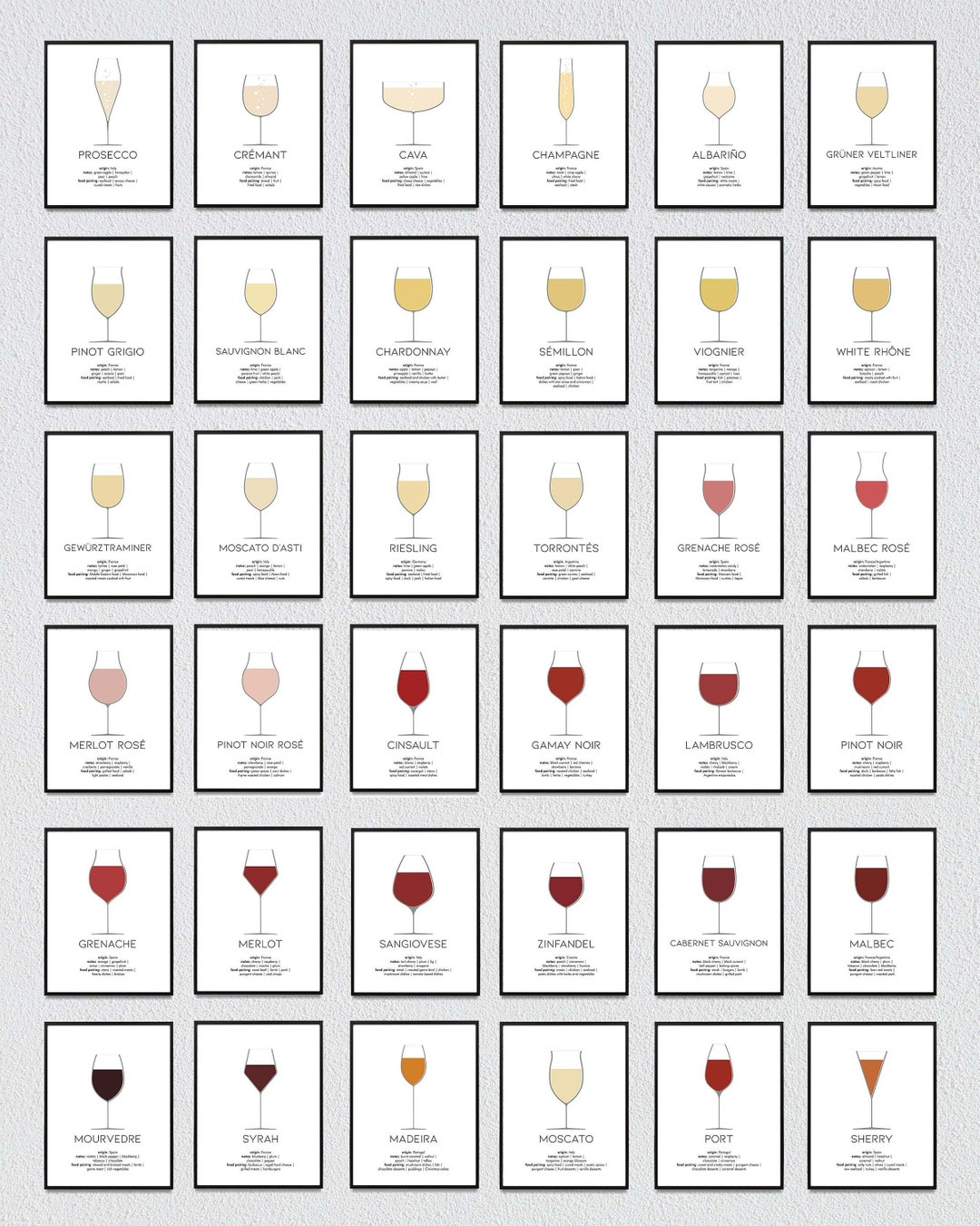 Bundle 36 Wine Types Print, Wine Guide, Wine and Food Pairing Guide ...