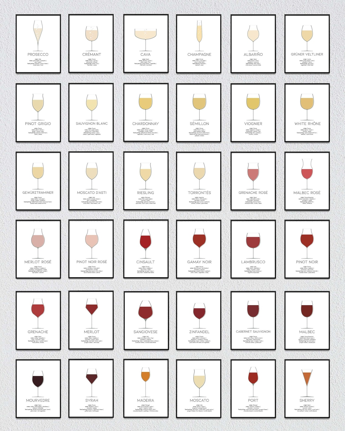 Bundle 36 Wine Types Print, Wine Guide, Wine and Food Pairing Guide ...
