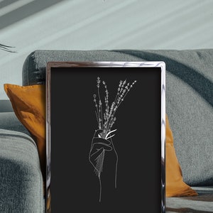 Fine Line Lavender Print, Minimalist Plant Print, Hand Holding Flower ...