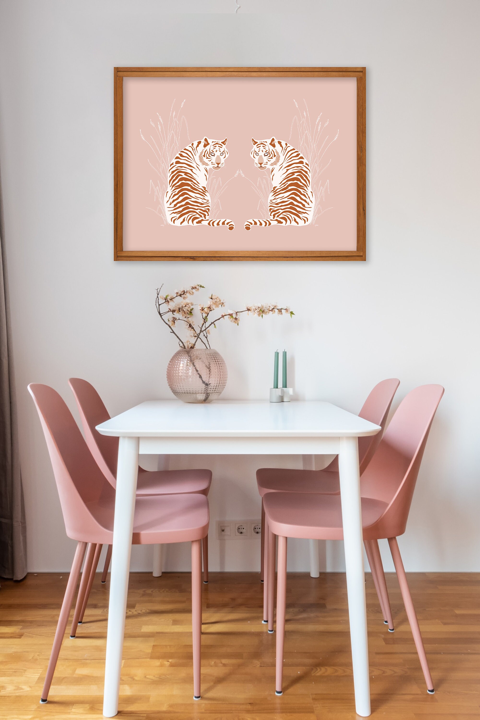 White Tiger Wall Art Print, Boho Pink Tigress Printable, Minimalist ...
