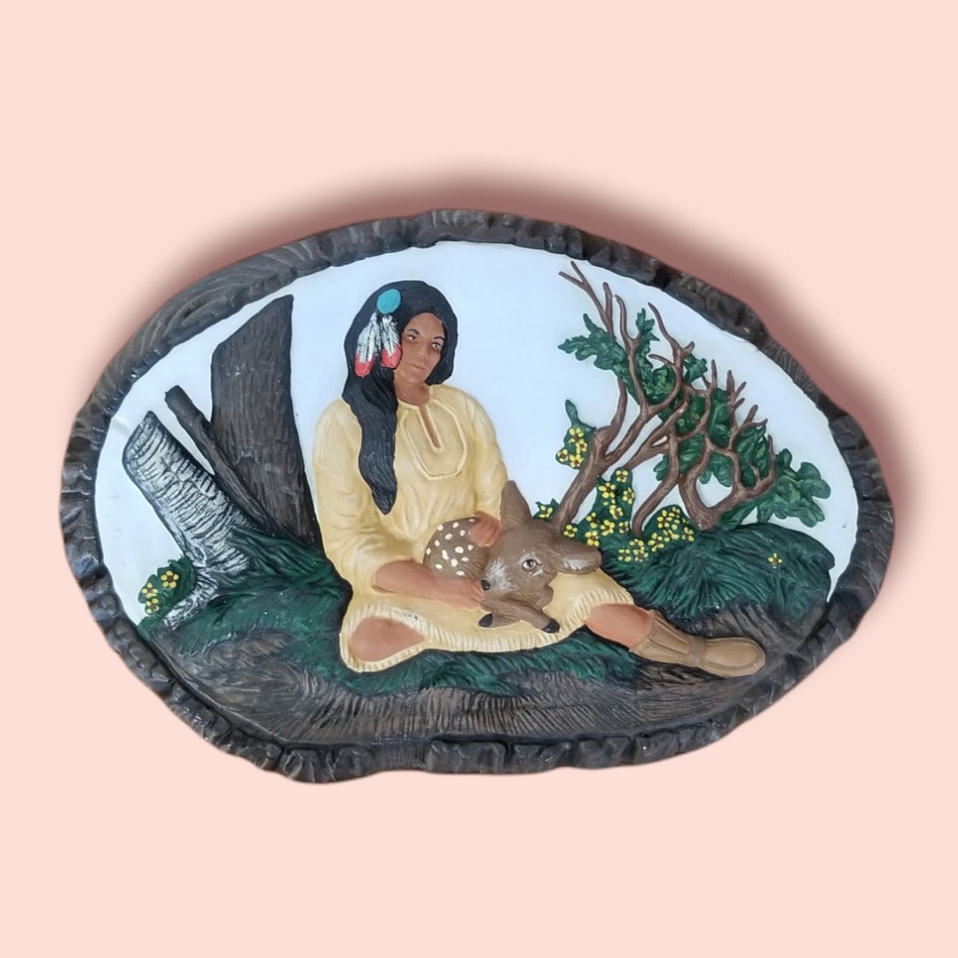 Vintage Faux Wood Log Cermaic Native American Woman & Fawn Wall Decor ...