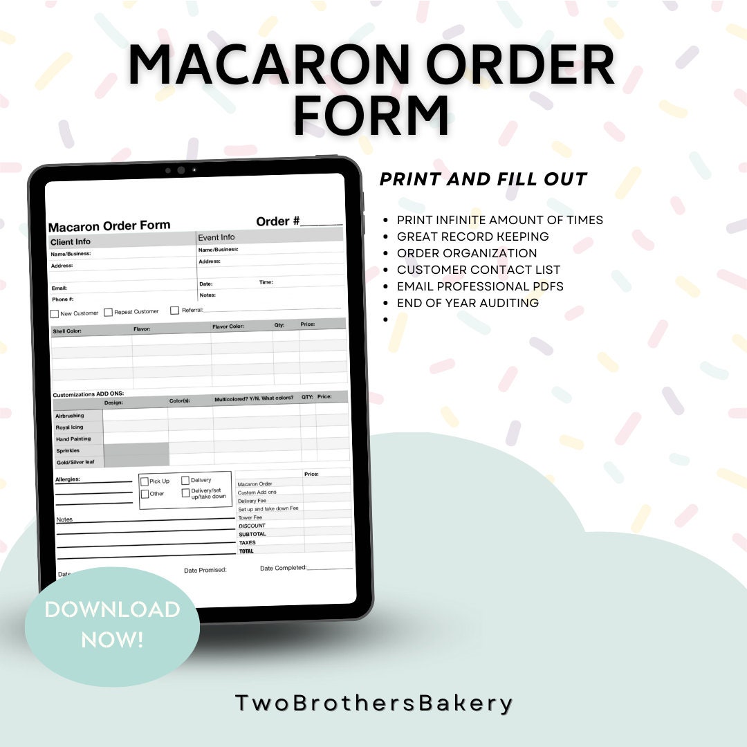 Macaron Invoice Form, Printable Baking Form, Bakery Planner, Bakery ...