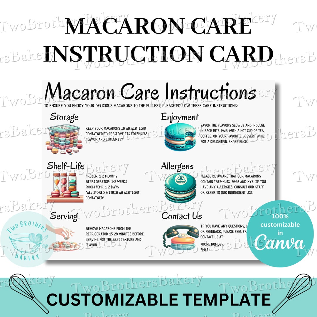 Macaron Care Card | Editable Macaron Card | Macaron Instruction ...