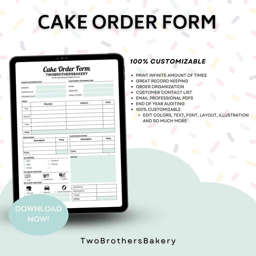 Cake Order Form | Printable Baking Form | Bakery Forms | Digital Order ...