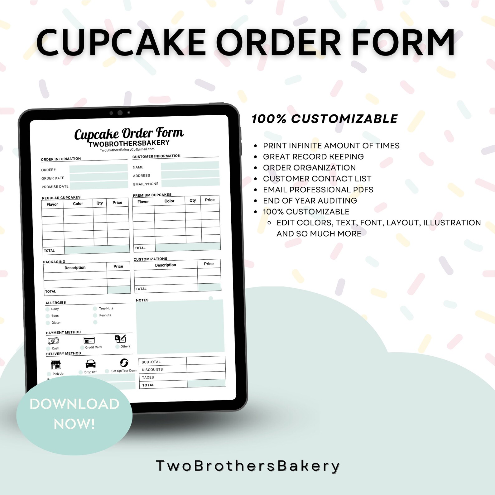 Cupcake Order Form | Printable Baking Form | Bakery Forms | Digital ...