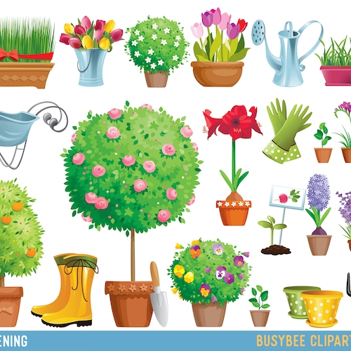 Watercolor Gardening Clipart. Garden Tools and Plants Clipart. - Etsy