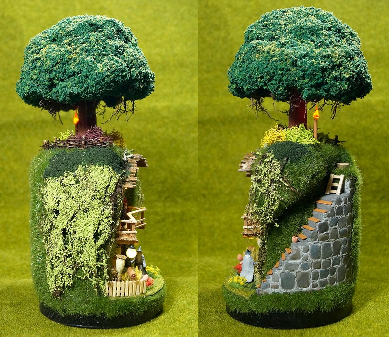 Hobbit's House With Growing Tree of Life. House With Lights Inside and ...