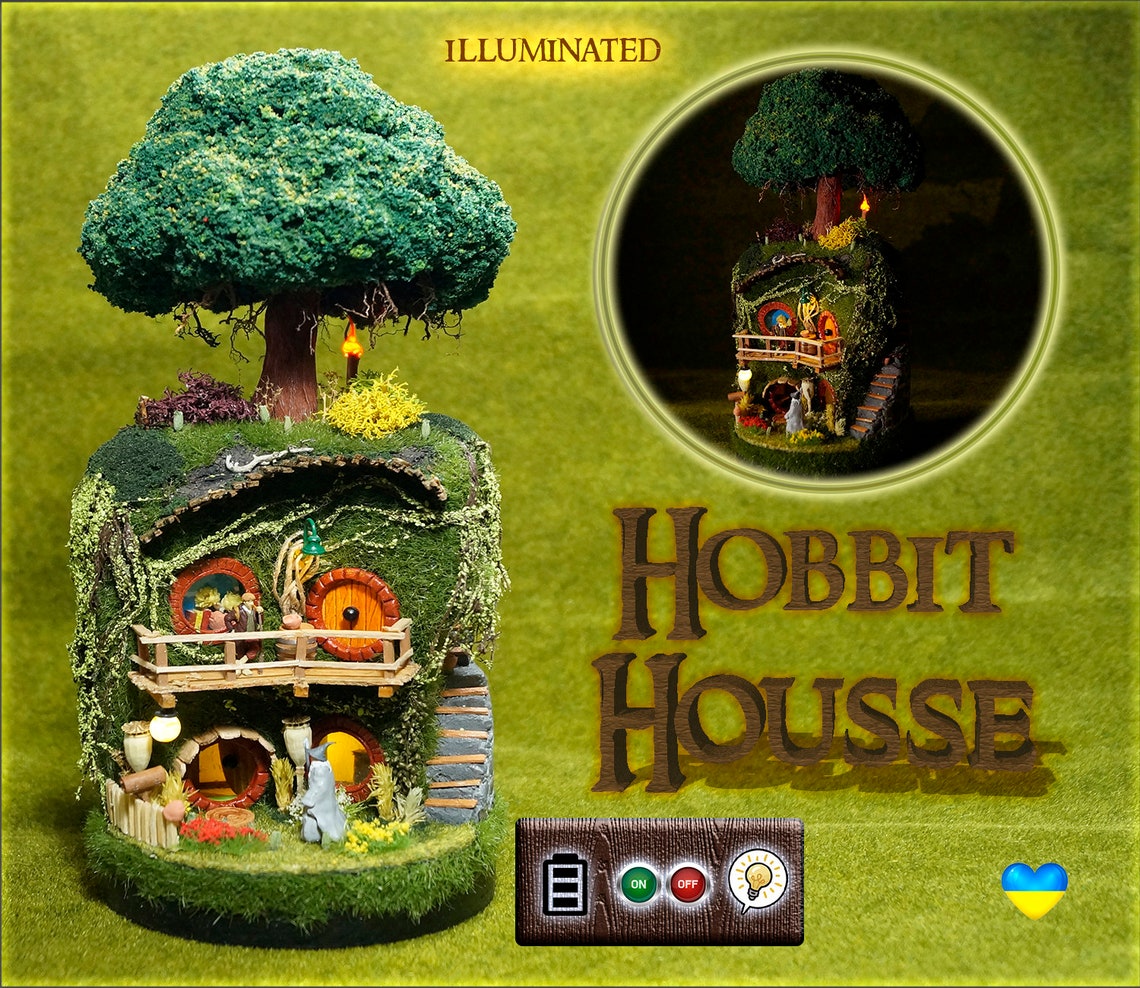 Hobbit's House With Growing Tree of Life. House With Lights Inside and ...