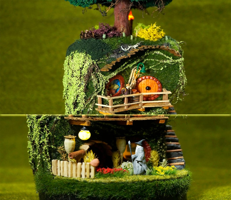 Hobbit's House With Growing Tree of Life. House With Lights Inside and ...