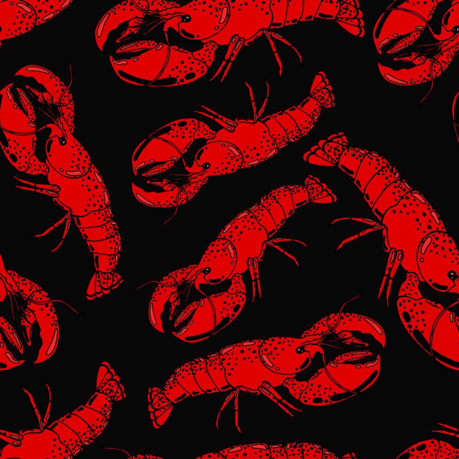 Red Lobsters on Black Cotton Fabric, Fabric by the Yard, Lobsters ...
