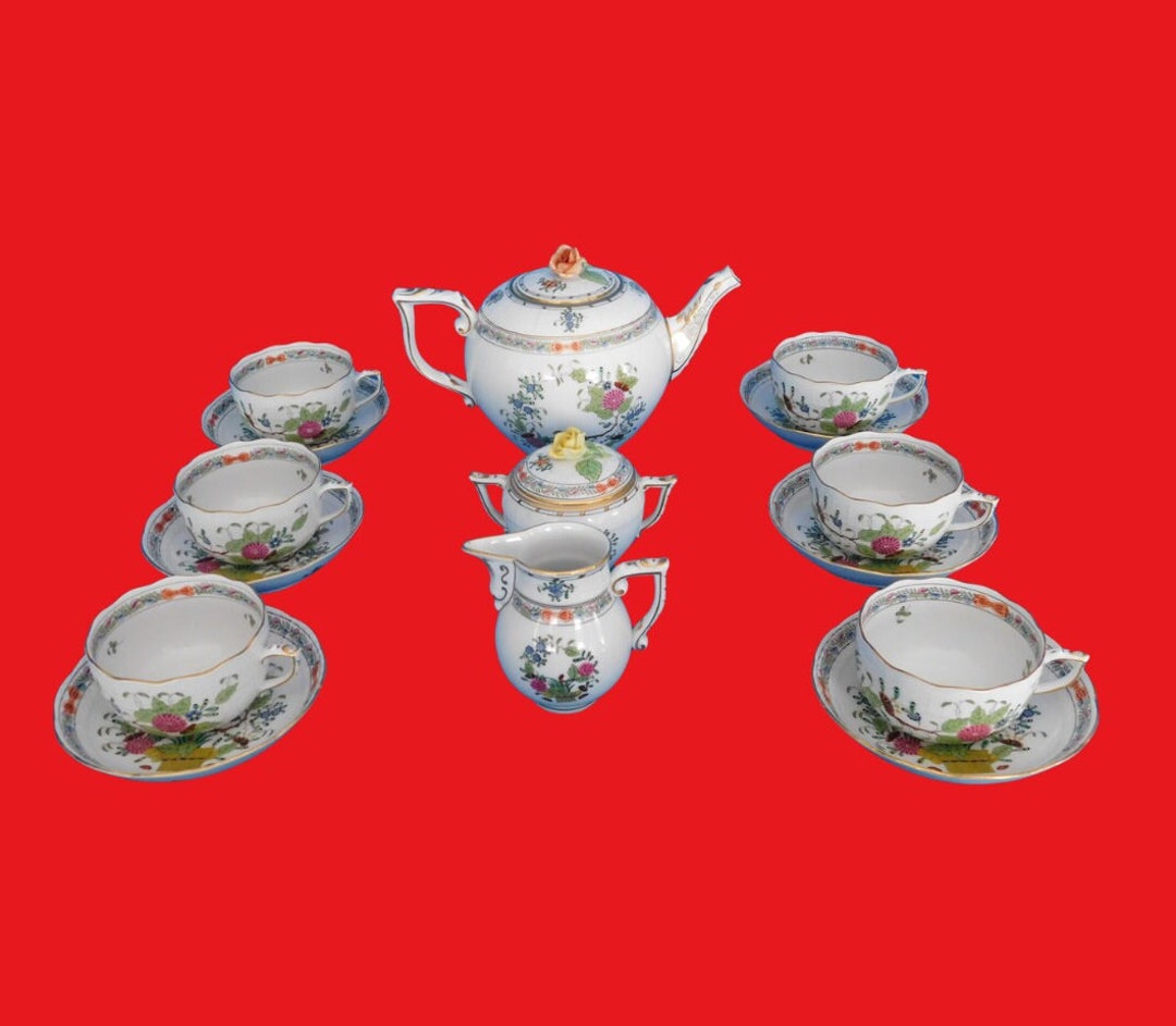 Herend Indian Basket Pattern Tea Set for 6,floral Design Teaware ...