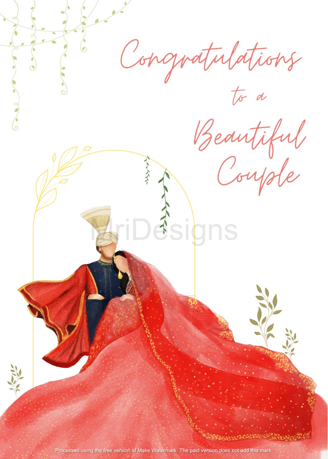 Indian Wedding Congratulations 5x7" Greeting Card DIGITAL | Floral ...
