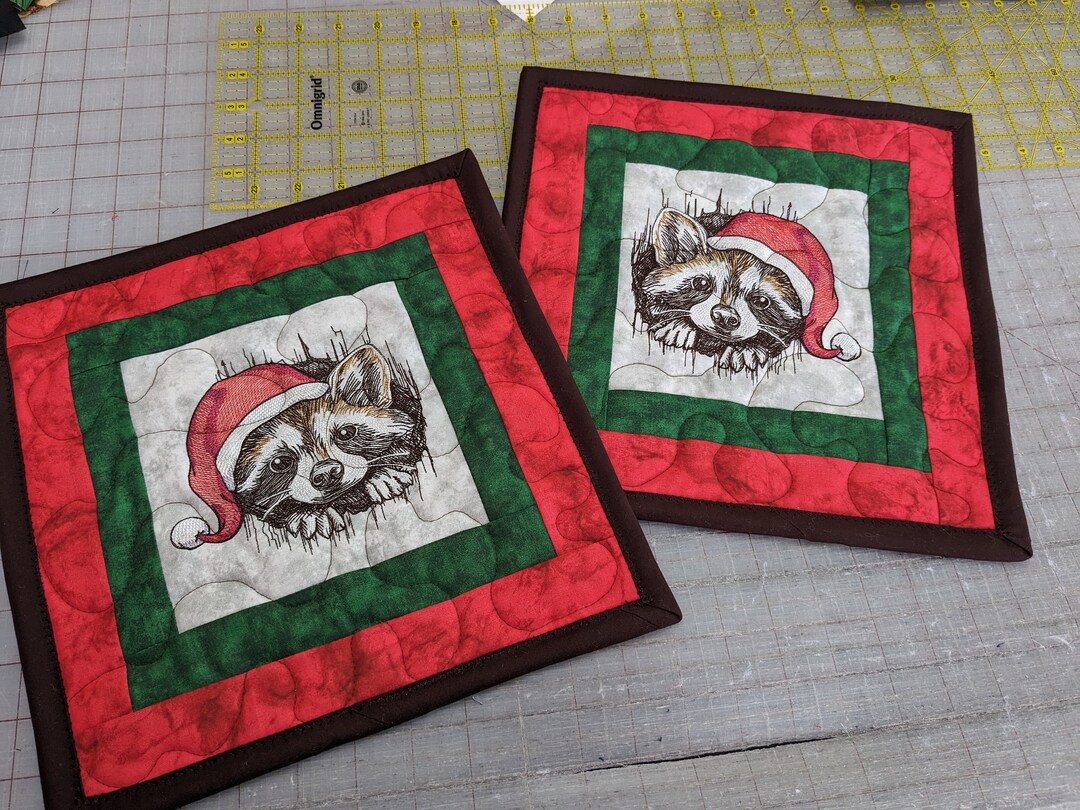 Large Pot Holder 10x10 Hot Pad Trivet Raccoon Santa Set of 2 ...
