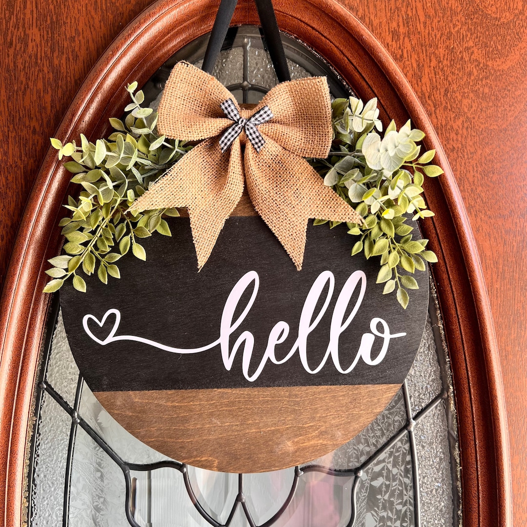 Front Door Sign Hello Wooden Wreath Hello Wooden Sign Hello Front Door ...