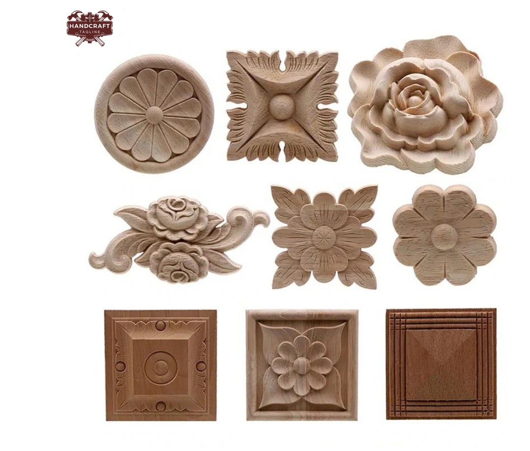 VXLX01 Flower Wood Carving Appliques, Natural Unpainted Wooden Moldings ...