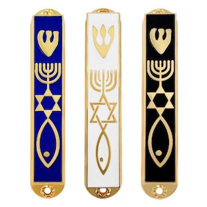 Gold Enamel Messianic MEZUZAH CASE With Hebrew Scroll Jerusalem Seal ...
