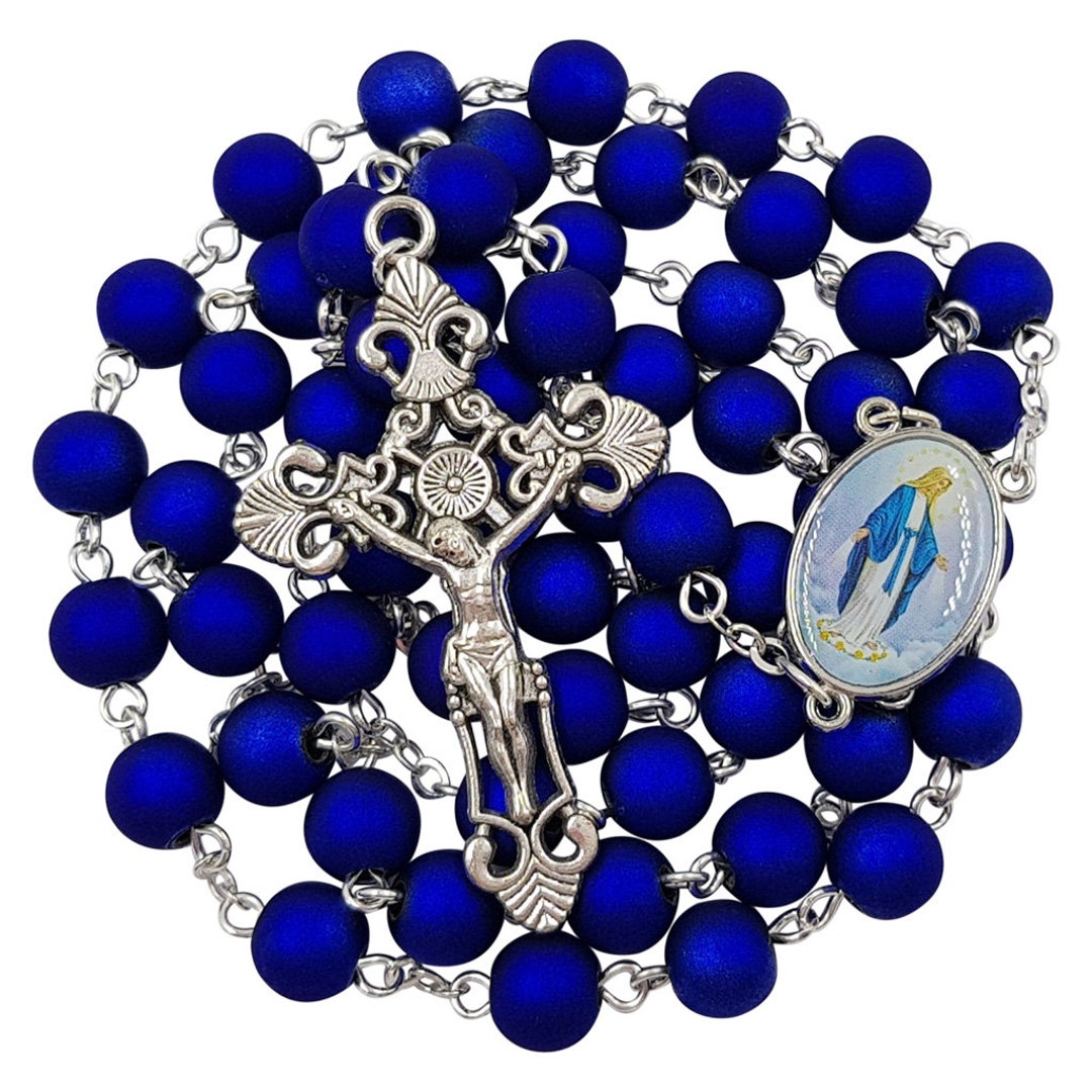 Royal Blue Beads Rosary Catholic Necklace Virgin Mary Miraculous Medal ...
