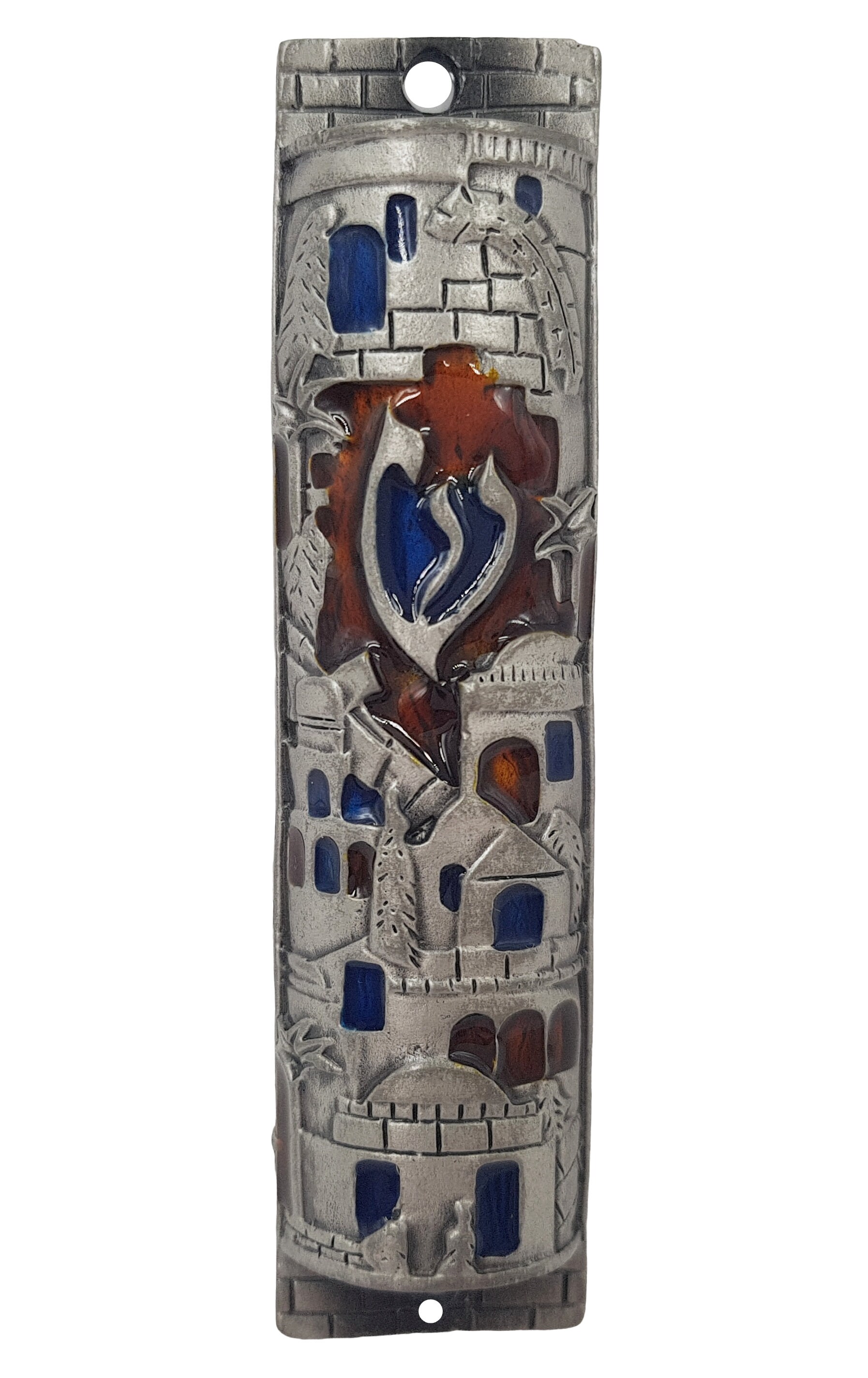 Silver Enamel Mezuzah Case, Jerusalem Design, Hebrew Scroll, Judaica ...