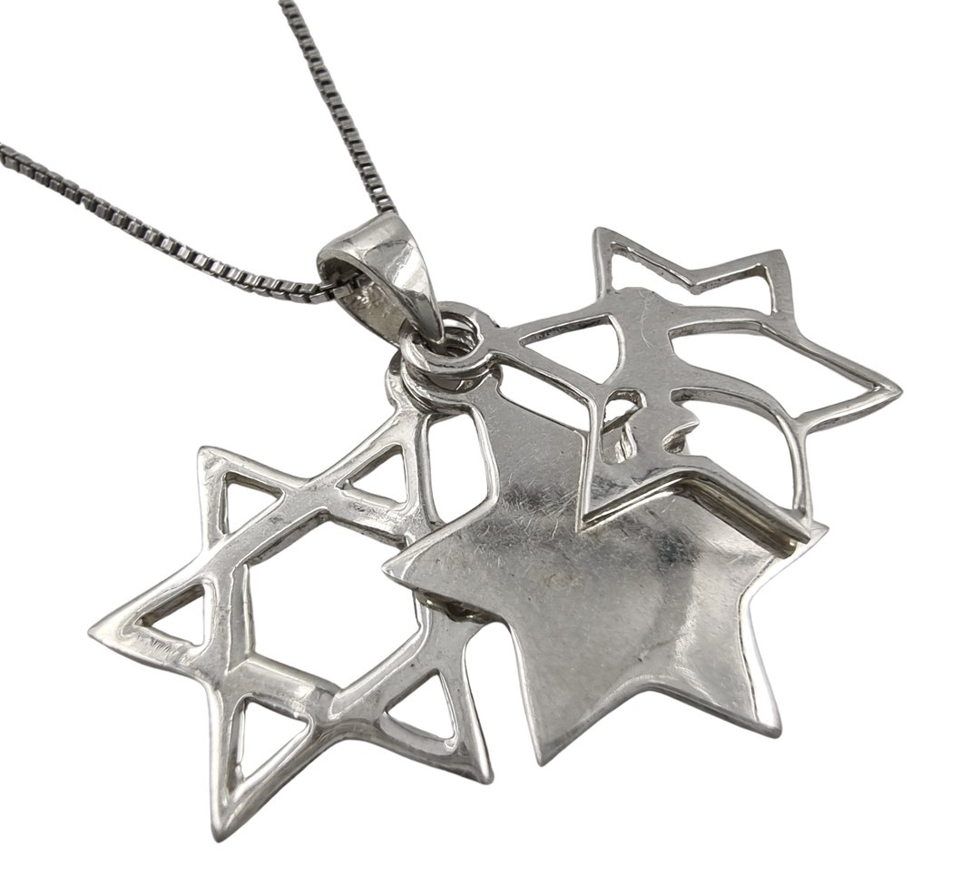 Triple Jewish Star of David 925 Sterling Silver Kabbalah Pendant Hebrew ...