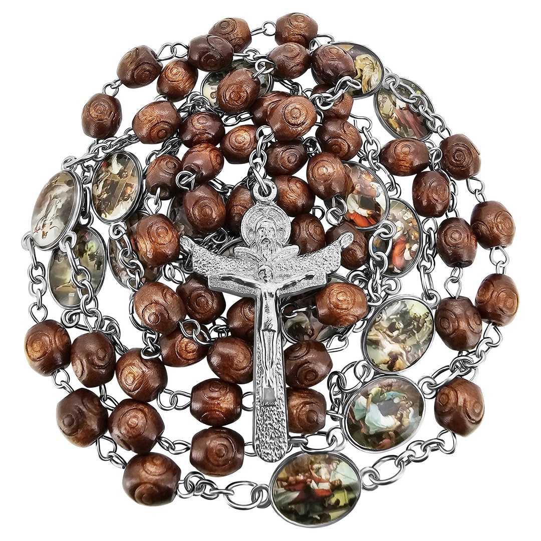 Stations of the Cross Rosary Chaplet Wood Beads Catholic Necklace for ...