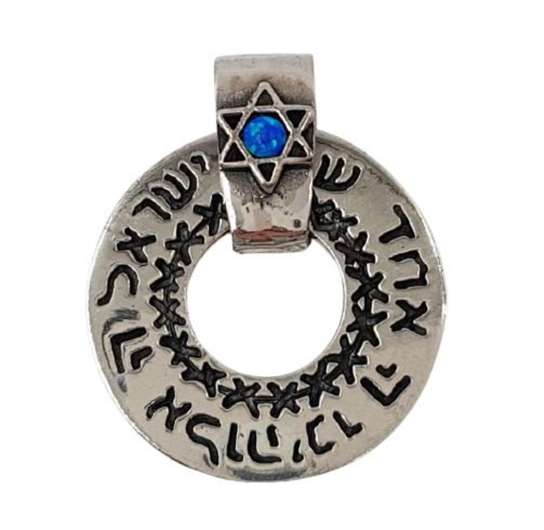 Shema Israel Hebrew Pendant 925 Sterling Silver Blue Opal Star of David ...