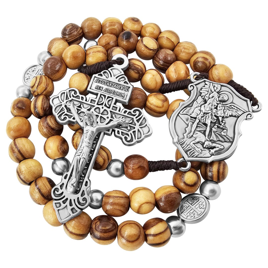 Archangel St Michael Olive Wood Prayer Beads Catholic Rosary Pardon Crucifix Virgin Mary Medals ...