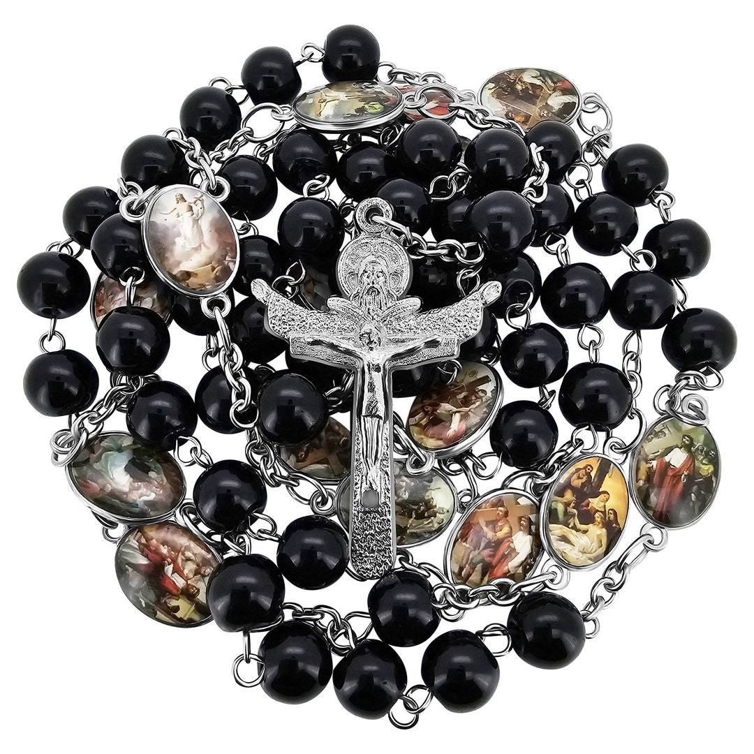 Stations of the Cross Rosary Chaplet Black Glass Beads Catholic ...