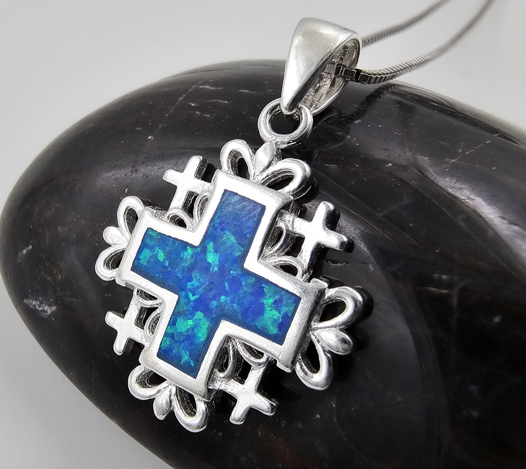 Ornate JERUSALEM CROSS Pendant 925 Sterling Silver Blue Opal Crusaders ...