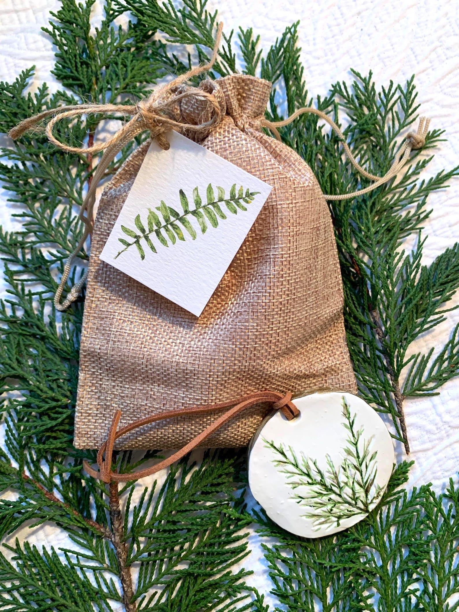 Handmade Clay Pine Sprig Ornament With Gift Pouch , Nature Inspired ...