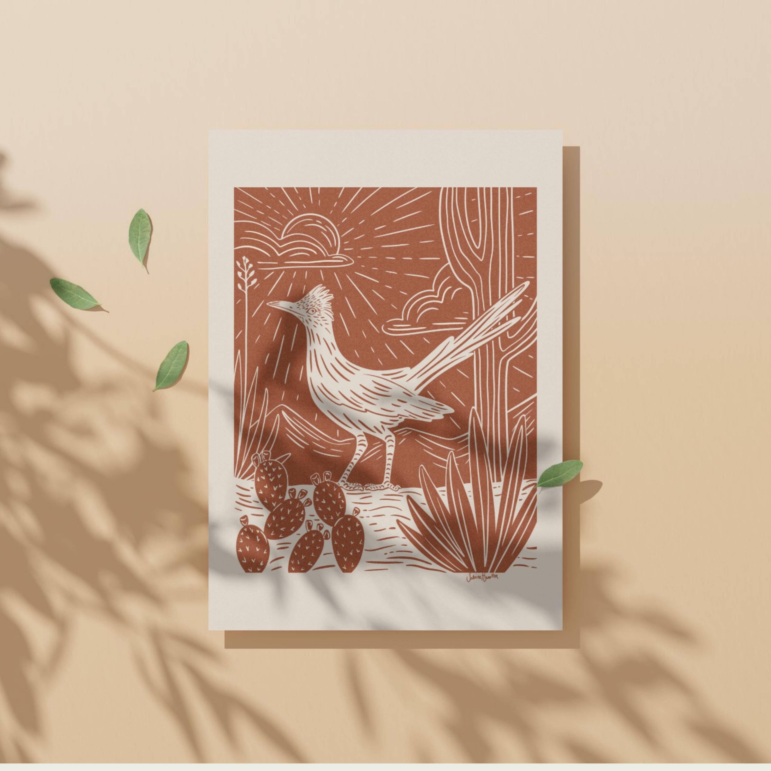 Road Runner Linocut Print, Sonoran Desert Wall Art Giclée Print - Etsy