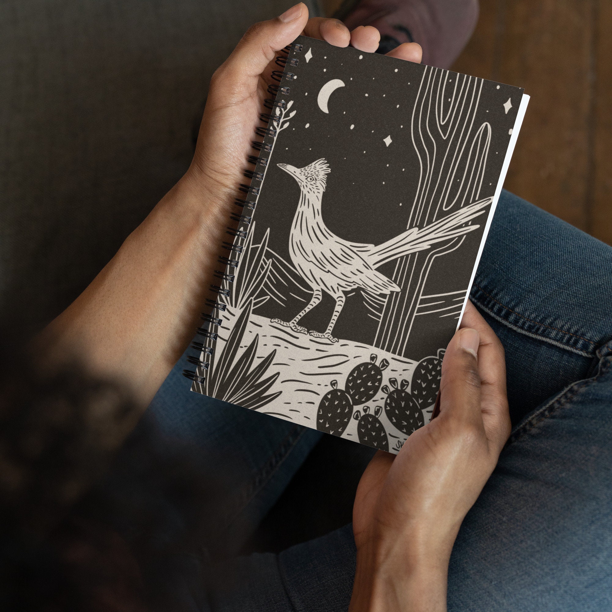 Original Road Runner at Dusk Linocut Illustration Spiral Notebook ...