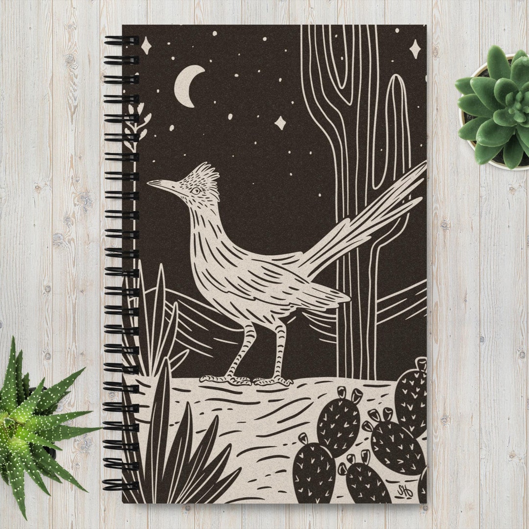 Original Road Runner at Dusk Linocut Illustration Spiral Notebook ...