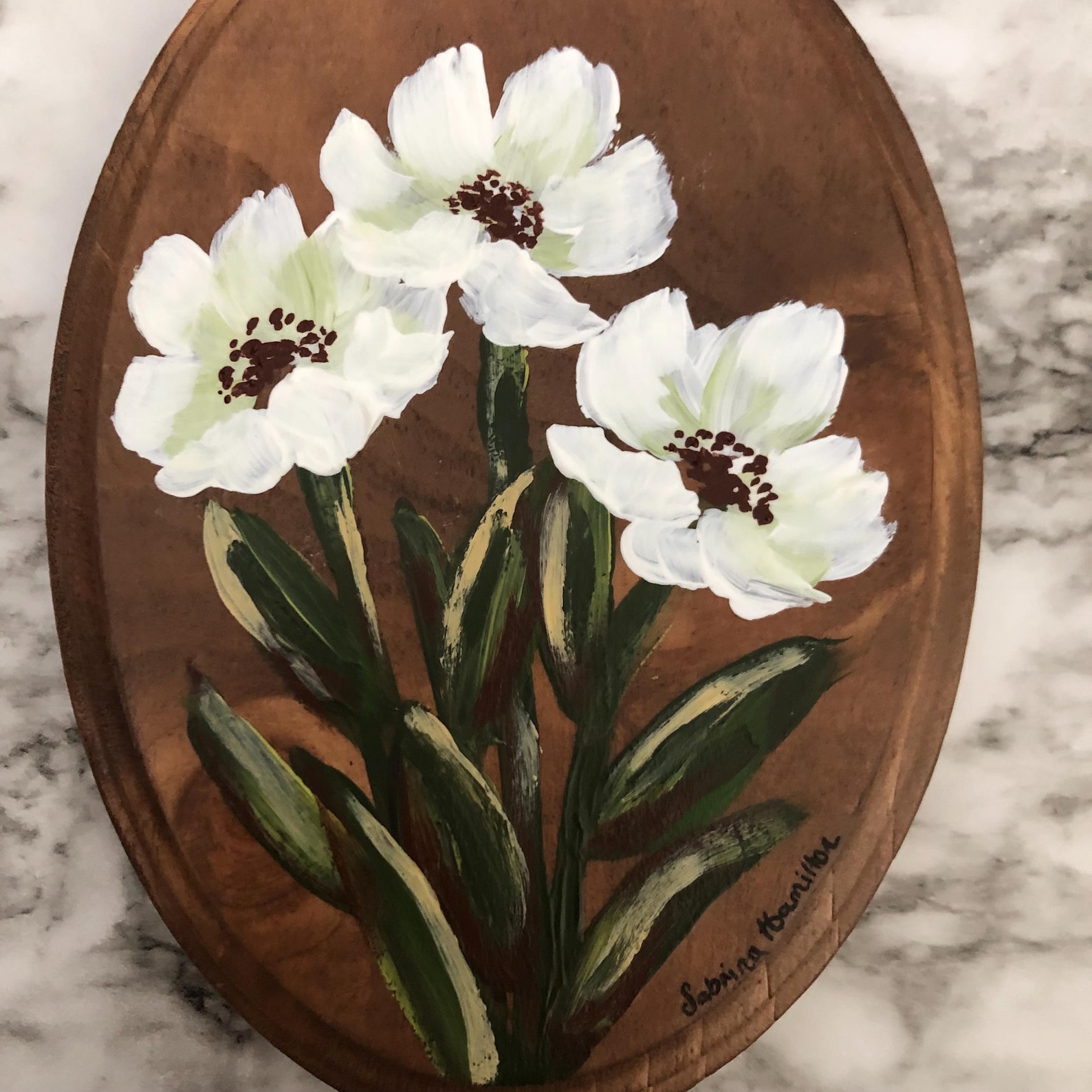 Hand Painted White Flowers Wooden Plaque, Vintage Botanical Gallery ...