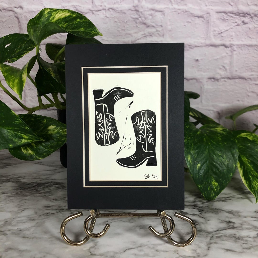 Handmade Cowboy Boots Linocut Print, Matted - Etsy