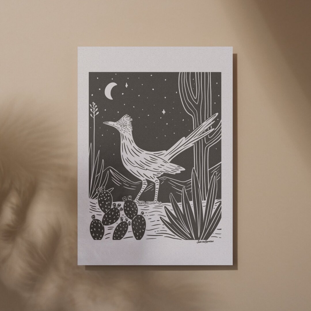 Road Runner at Dusk Linocut Print-inspired Wall Art Eclectic Nature ...