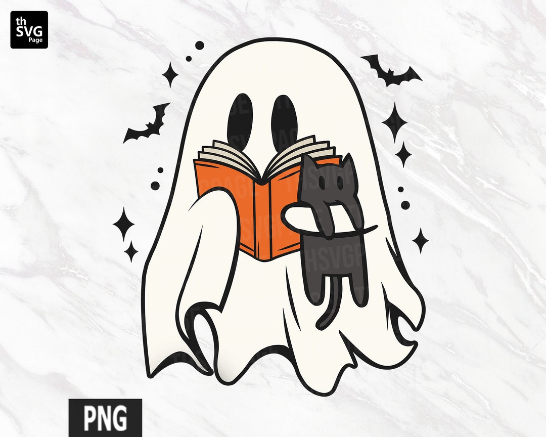 Cute Ghost Reading Book PNG, Spooky Season Png, Black Cat Png ...