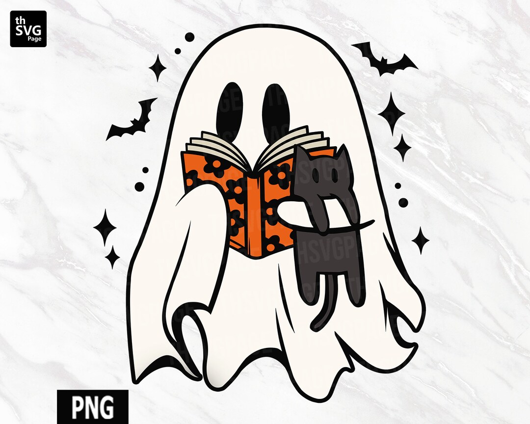 Cute Ghost Reading Book Png, Spooky Season Png, Read More Books Png ...