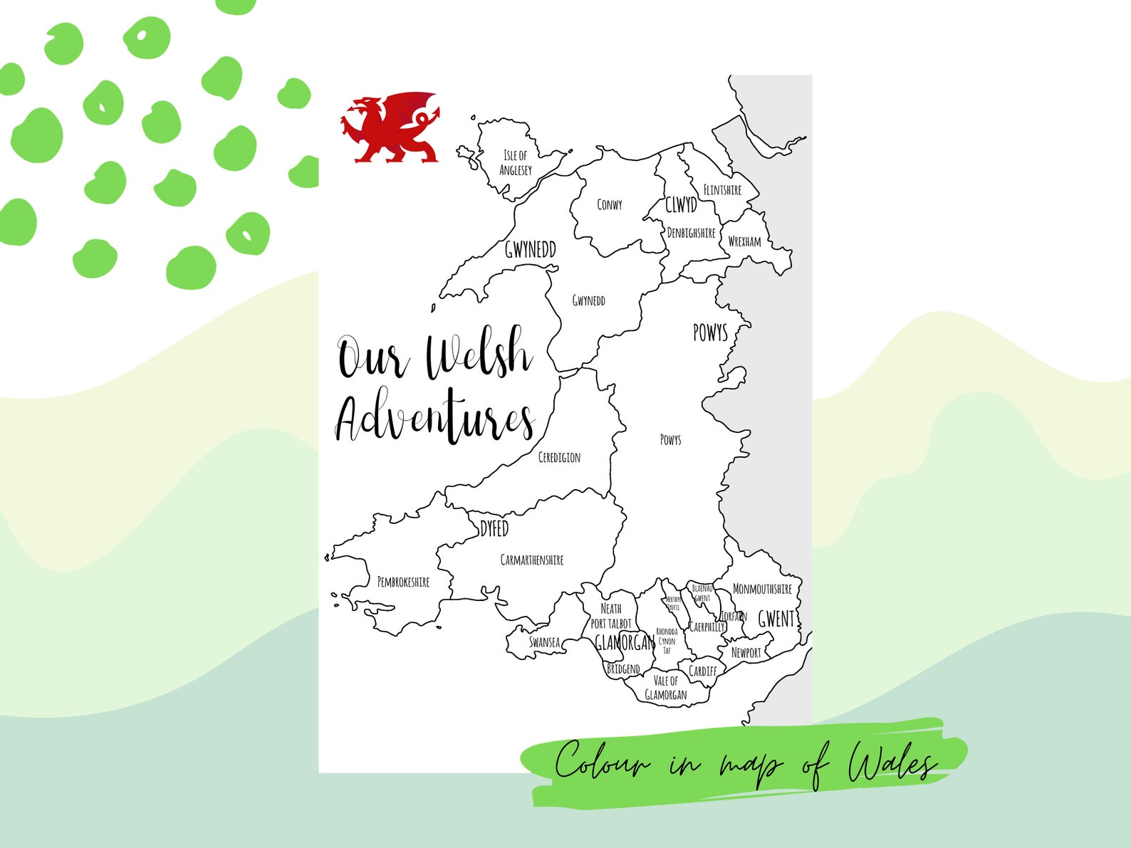 MAP OF WALES Digital Map Colour in as You Visit Travel Log Adventure ...