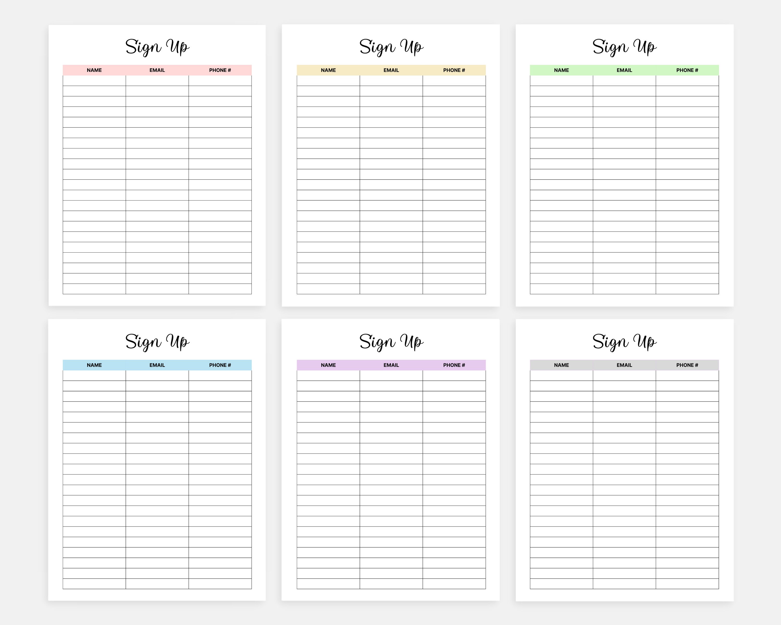 Printable Sign up Sheet, Sign up Form, Event Sign in Template ...
