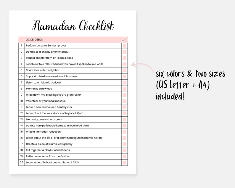 Printable Ramadan Checklist, Ramadan 20 Good Deeds Tracker for Adults ...