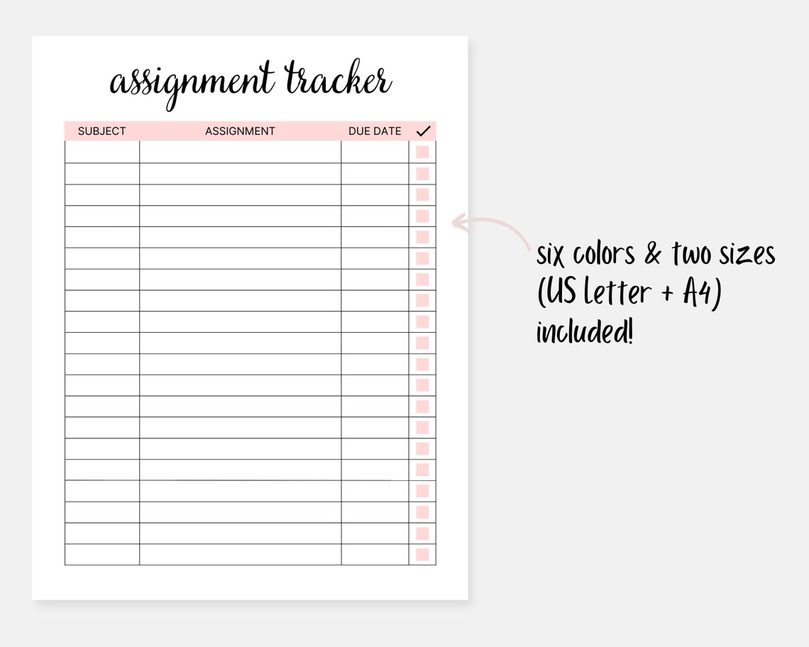 Printable Assignment Tracker, Assignment Log, Homework Checklist ...