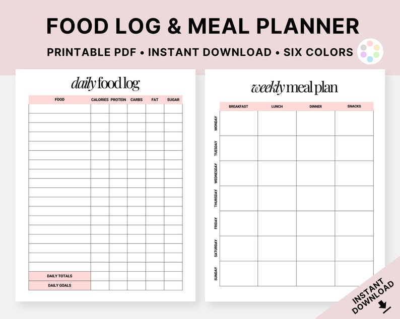 Printable Food Log & Meal Planner, Daily Food Log, Macro Log, Calorie ...