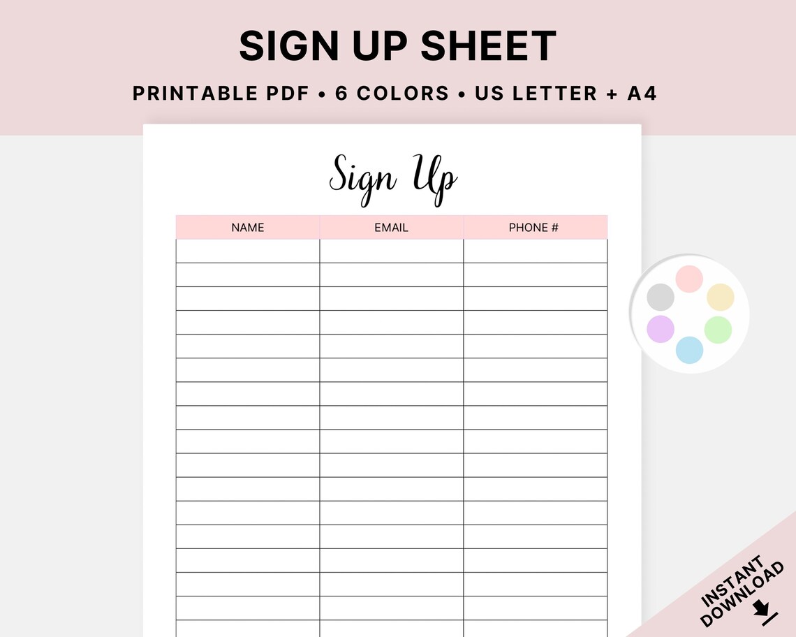 Printable Sign up Sheet Sign up Form Event Sign in Template - Etsy